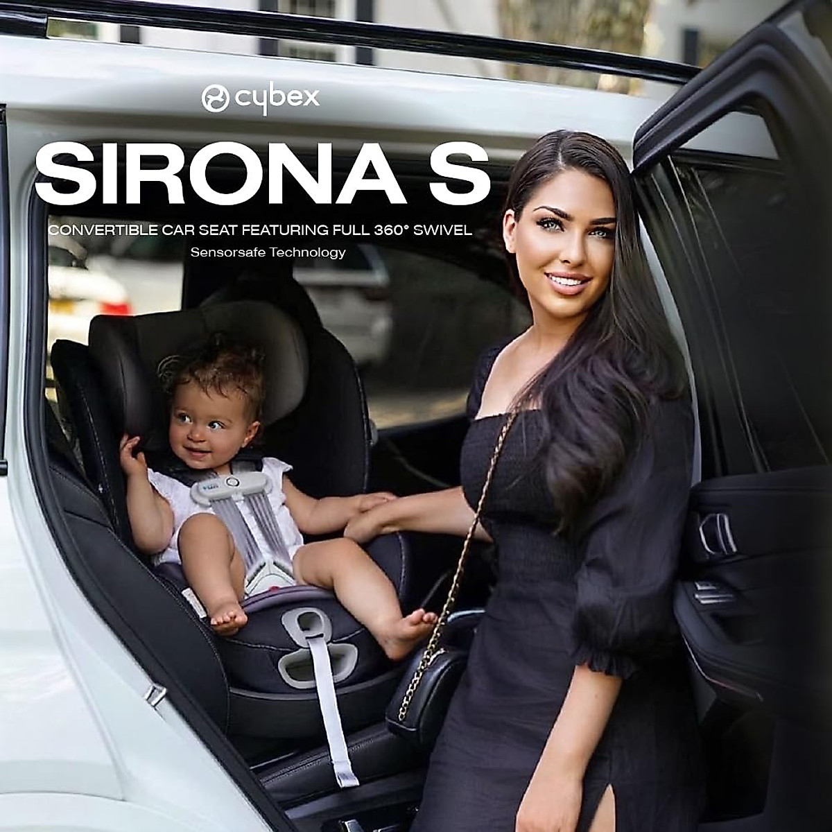Cybex Sirona S with Convertible Car Seat, 360° Rotating Seat, Rear-Facing or Forward-Facing Car Seat, Easy Installation, SensorSafe Chest Clip, Instant Safety Alerts, Urban Black