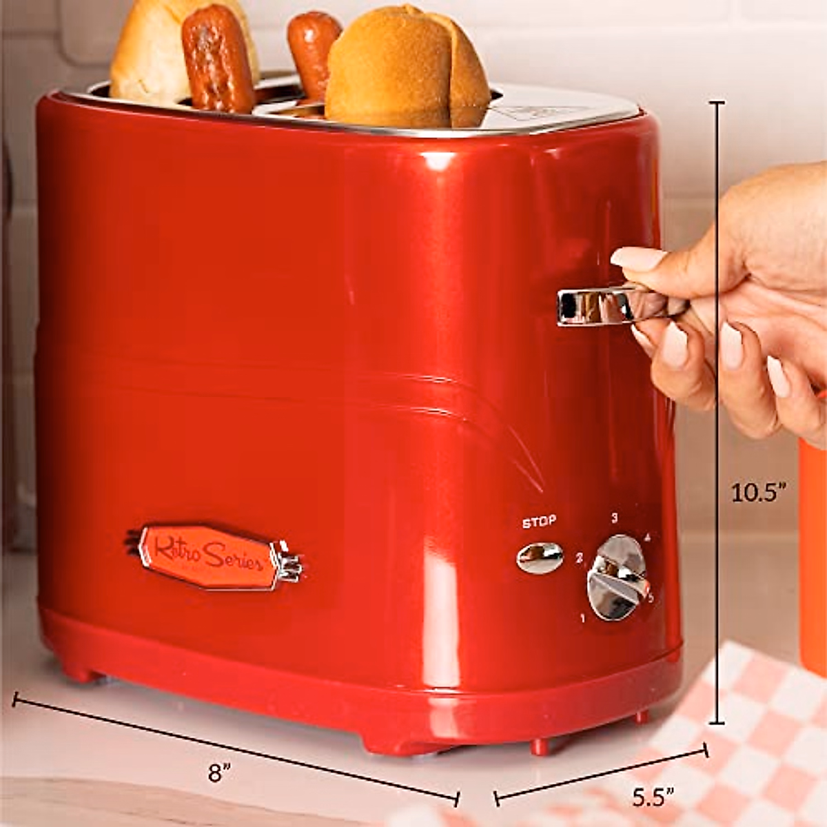 Nostalgia 2 Slot Hot Dog and Bun Toaster with Mini Tongs, Retro Hot Dog Toaster, Hot Dog Cooker that Works with Chicken, Turkey, Veggie Links, Sausages and Brats, Metallic Red