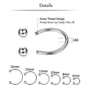 ORAZIO 12Pcs 14-16G Stainless Steel Nose Rings Septum Piercing Cartilage Horseshoe Earring Body Piercing 6MM-16MM Black And Silver Tone