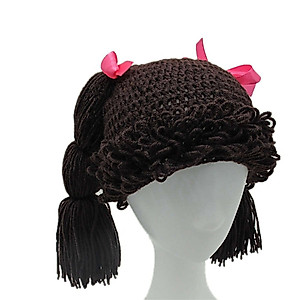 BIBITIME Knitted Pigtail Wig Beanie Handmade Women Girl's Braid Hat Bowknot Cap (One Size for Women, Coffee)