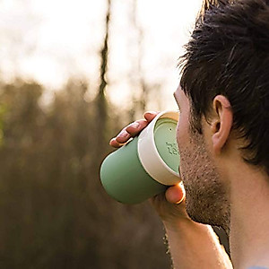 Berghoff LEO Porcelain Travel Mug 3.5" x 5" 0.35 qt. White & Mint Drinking Rim Integrated Sipping Hole Silicone Lid Microwave Safe