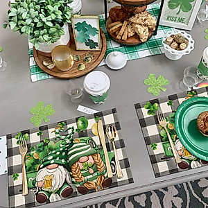 St. Patrick's Day Gnomes Placemats Set of 4,12x18 Inch Gnomes with Truck Buffalo Plaid Shamrock Heat-Resistant Place Mats,Green Irish Table Decors for Seasonal Farmhouse Kitchen Dining Holiday Party