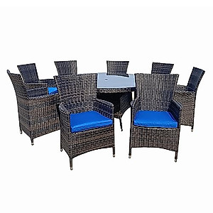 PATIOPTION 9 Piece Patio Set Outdoor Wicker Patio Furniture Sets Modern Bistro Set PE Rattan Chair Conversation Dining Sets (Round Table with 8 Seater) - Blue Cushion