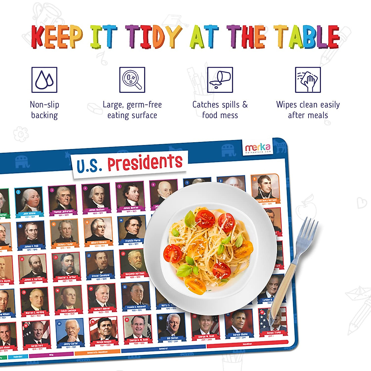 merka Placemats for Kids Plastic Placemats for Kids Presidents for Kids Educational Placemats for Kids Learning Placemats US Presidents Non-Slip Silicone Mats for Dining Table