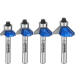 KOWOOD Plus 45 Degree Chamfer Router Bit Set, 1/4 Inch Shank, Cutting Diameter in 1/4”, 5/16”, 3/8”, 1/2”.KOWOOD C3 Carbide. Ideal for Angled Edges, Clean Edge or Decorative Pieces