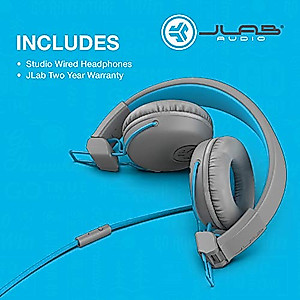 JLab Studio On-Ear Headphones | Wired Headphones | Tangle Free Cord | Ultra-Plush Faux Leather with Cloud Foam Cushions | 40mm Neodymium Drivers with C3 Sound | Gray/Blue