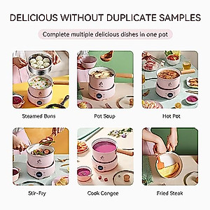 Drizzle Pink Electrical Cooker 1.8L - 6 in 1 Soup,Prridge,Noodle,Steamer,Hot Pot,Delay Start - Multifunctional Hot Pot Non-stick Portable Pan - Egg Rice Ramen Oatmeal Steak Pasta - Dorm Office Hotel Camping