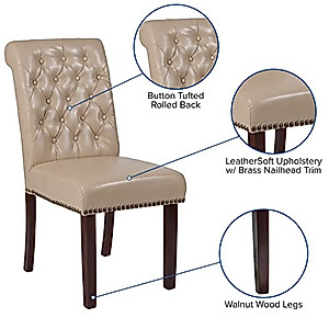 Flash Furniture Set of 6 Hercules Series Beige LeatherSoft Parsons Chairs with Rolled Back, Accent Nail Trim and Walnut Finish