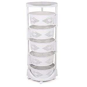 Kaibrite Rotating Kitchen Storage Rack, Multi-Layer Revolving Basket Kitchen Shelf with Wheels, for Kitchen, Bathroom, Laundry Room, Garage, White (5-Layer)