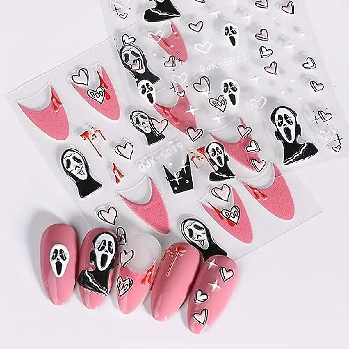 5D Halloween Nail Art Stickers Decals Pink Ghost Skull Self-Adhesive Nail Decals Halloween Nail Art Supplies Accessories for Acrylic Nail Design 5D Slider Nail Foils Sticker Nail Charms for Women 3Pcs