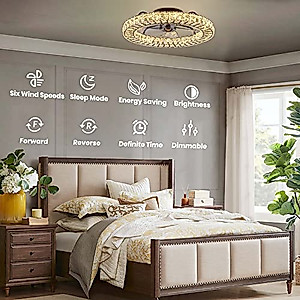 7PM Flush Mount Ceiling Fan with Light, 22" Modern Crystal Chandelier Ceiling Fan with 30W Stepless Dimmable LED Smart 4-Light Color Change and 6 Speeds, Low Profile Ceiling Fan for Bedroom, White