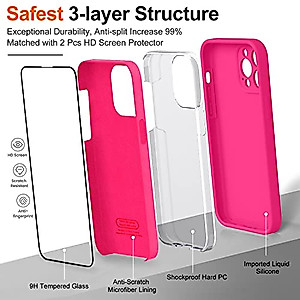 TISOOG Compatible with iPhone 14 Pro Case for Women,with 2 Pcs 9H Tempered Glass Screen Protector,[Camera Protection][Microfiber Lining] Slim Shockproof Silicone Case for iPhone 14 Pro, Hot Pink