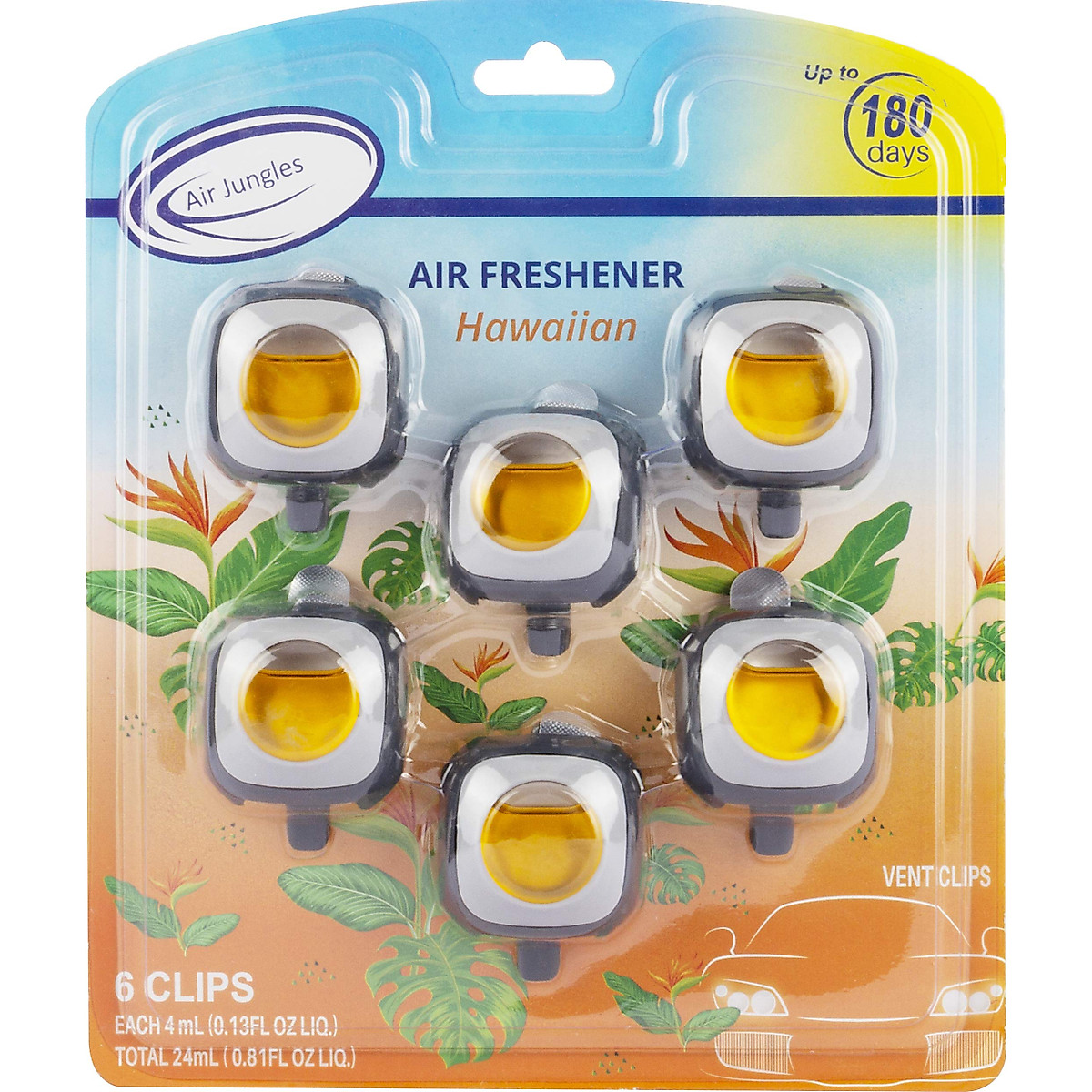 Air Jungles Hawaiian Scent Car Air Freshener Clip, 6 Car Freshener Vent Clips, 4ml Each, Long Lasting , Up to 180 Days Refresher Odor Eliminator