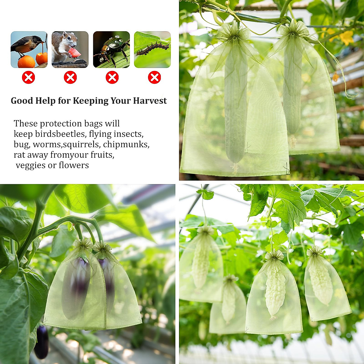 50 PCS 6X9 inches Fruit Protection Bags,Fruit Bags for Fruit Trees,Fruit Bags Protection,Green Netting Fruit Cover Bags Drawstring Mesh Fruit Protectors Pest Barrier for Fruit Trees Veggies Garden