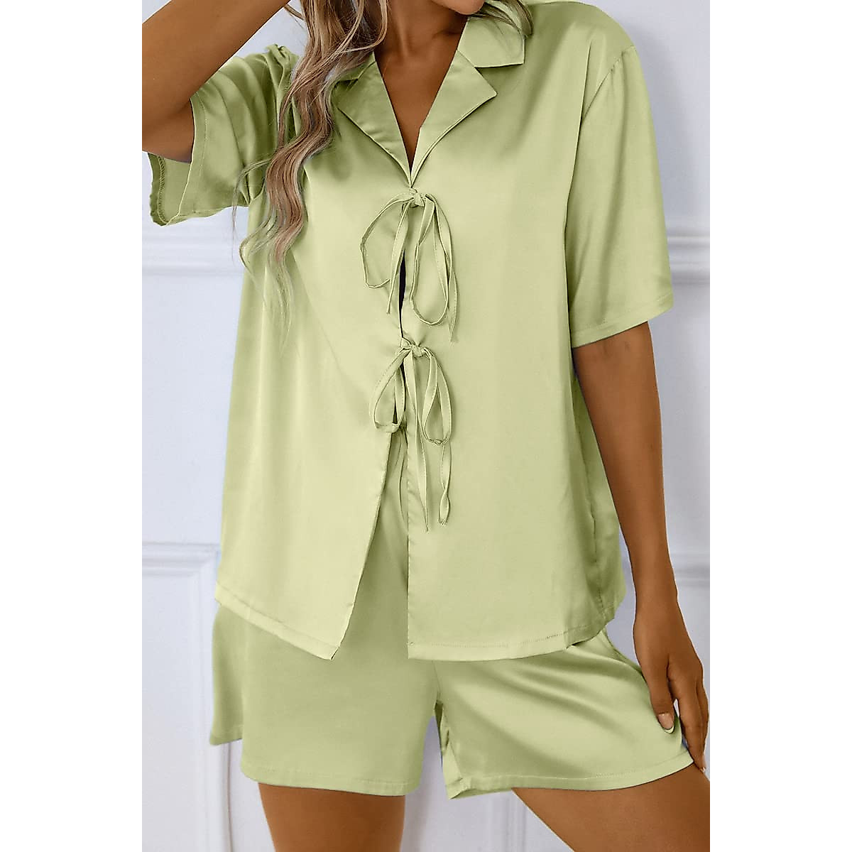 CHYRII Women's Silk Satin Pajamas Sets Tie Front Short Sleeve Tops and Shorts Two Piece Pj Sets Sleepwear Mint Green S
