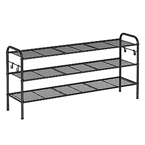 SONGMICS Shoe Rack, 3-Tier Shoe Organizer, Metal Shoe Shelf Storage with 4 Side Hooks, Holds 18 Pairs of Shoes, Height-Adjustable Shoe Rack for Entryway, Hallway, Closet, Easy Assembly, Ink Black