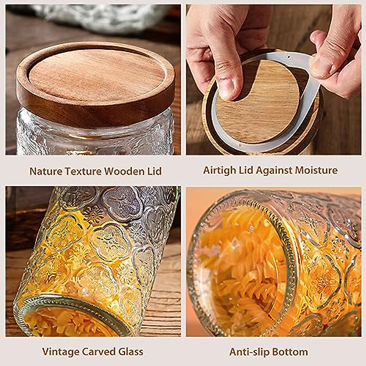 34 OZ/2 PCS Glass Storage Jar with Airtight Bamboo Wooden Lids, Vintage Food Containers Canisters Sets for Kitchen Counter Pantry, Sugar, Flour, Candy, Tea, Coffee Beans, Oats, Grain Bin, Pasta, Cereal