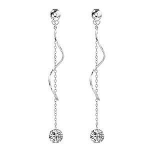 SLUYNZ 925 Sterling Silver CZ Droplet Dangle Earrings Chain for Women Teen Girls Long Dangle Earrings Curved Tassel (A-Silver)