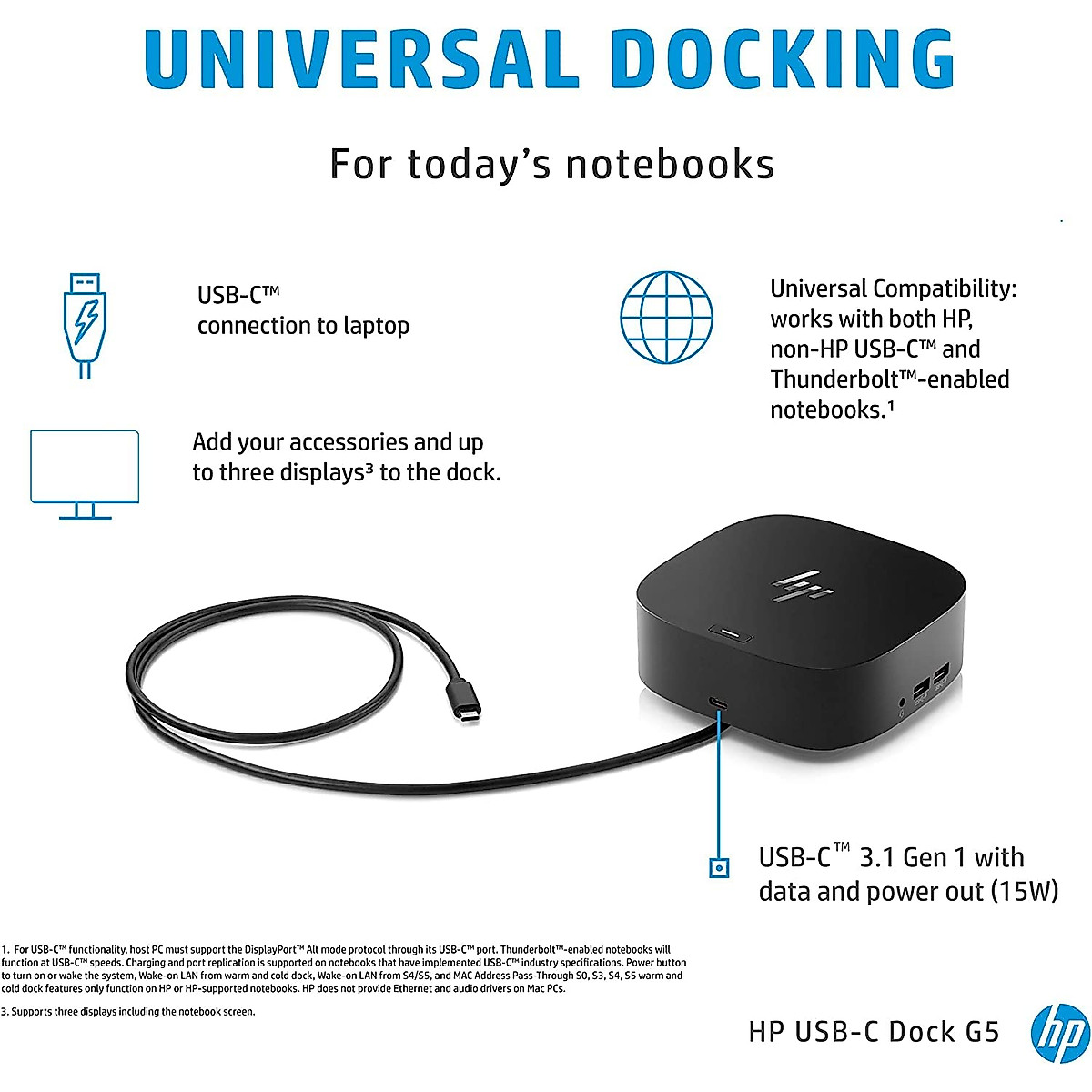HP USB-C Essential Dock G5 Bundle with Docztorm USB Hub (8 in 1 Adapter for USB-C and Thunderbolt-Enabled Laptops, Notebooks and PCs - Single Cable for Charging, Networking, or Data Transfers)