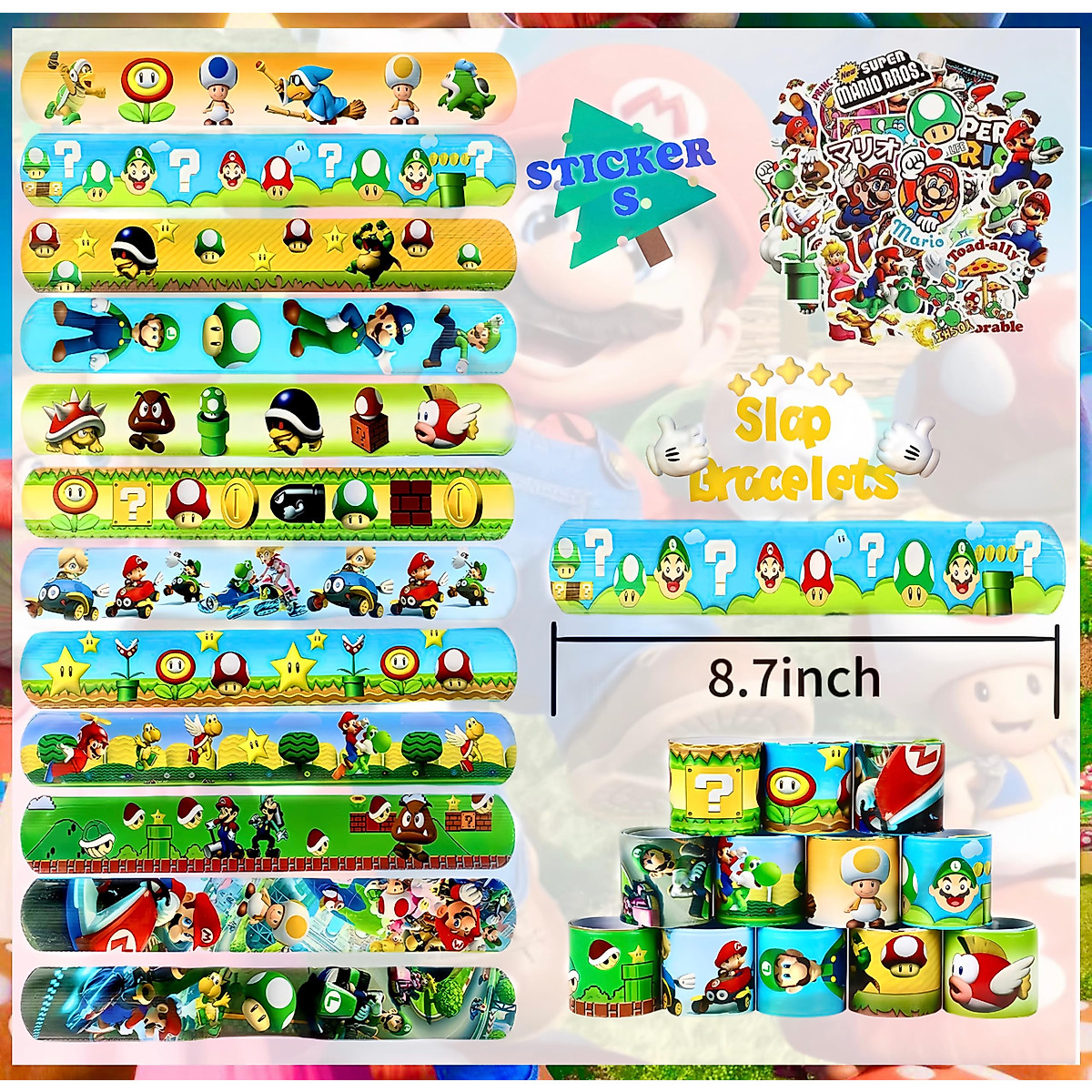 Mario Party Favors,98Pcs Mario Birthday Party Supplies include Goodie Bags,Felt Masks,Stamps,Slap Bracelets,Stickers,Classroom Rewards,Carnival Prizes,Party Activities,Themed Goodie Bags Stuffers
