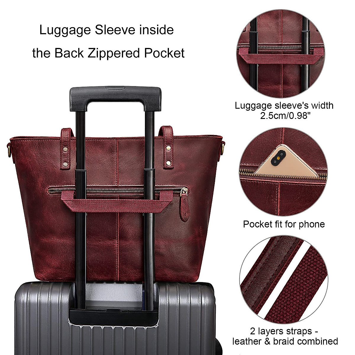 S-ZONE Genuine Leather Tote Bag for Women Vintage Shoulder Handbag Purse with Crossbody Strap Medium