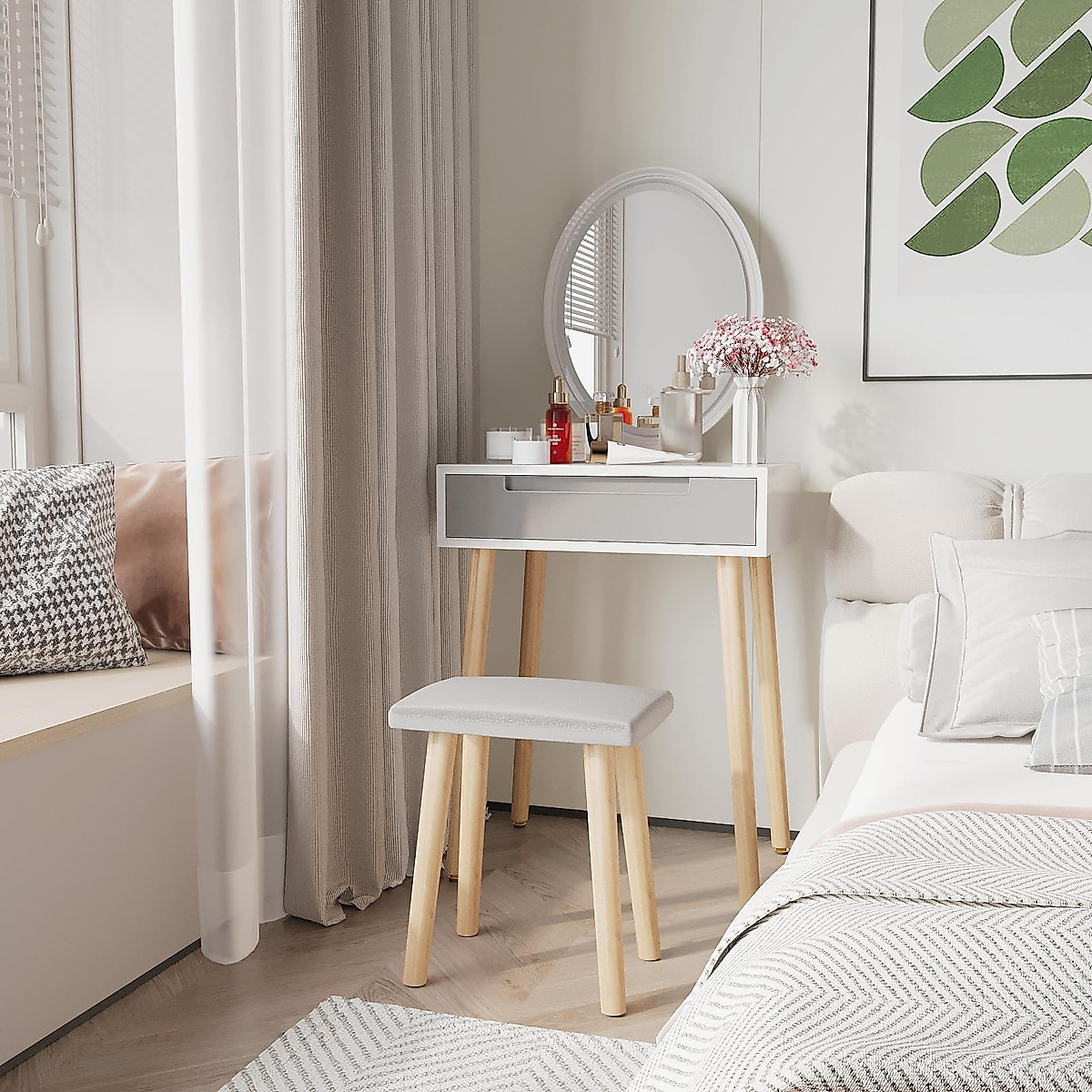 ARTETHYS Makeup Vanity Table Set with 3 Adjustable Lighted Mirror Small Vanity Desk with Drawer and Lights White Makeup Vanity Desk with Chair for Small Space Bedroom