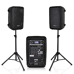 Pyle PA Speaker DJ Mixer Bundle - 300 W Portable Wireless Bluetooth Sound System w/ USB SD XLR 1/4" RCA Inputs - Dual Speaker, Mixer, Microphone, Stand, Cable - Home/Outdoor Party - PPHP28AMX,Black