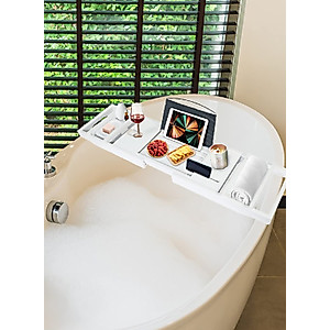 ZHTYRE Bamboo Bathtub Caddy Tray, White, 29.5"-43" Expandable, Non-slip, with Bamboo Bookshelf and Soap Tray Shelf, 1 or 2 Person Bath and Bed Tray