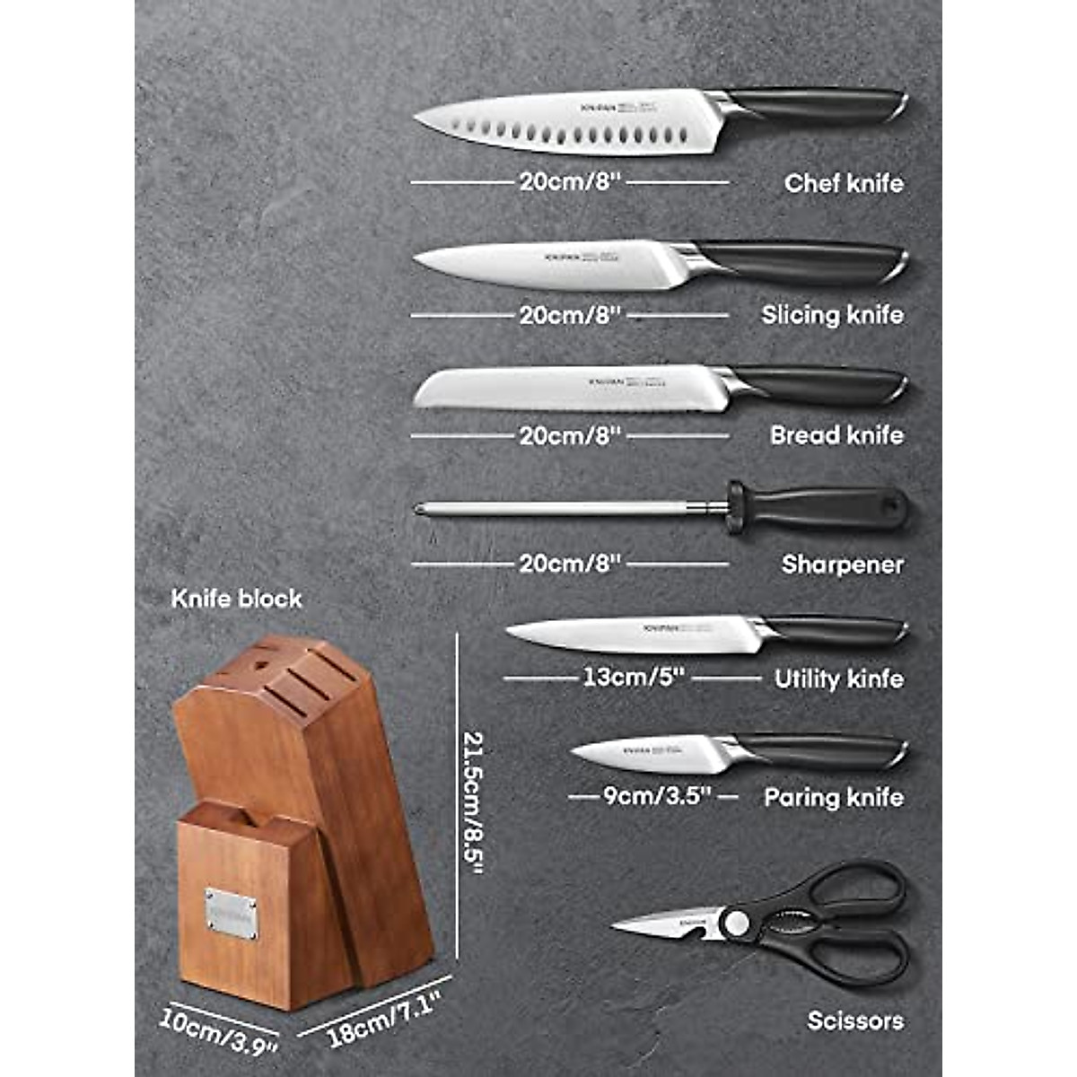 Knipan Knife Set, 8-Piece Premium Knife Block Set with High Carbon German Steel, 5 Knives, Sharpening Steel, Multi-Purpose Scissors, Block of Wood, Ergonomic ABS Handle