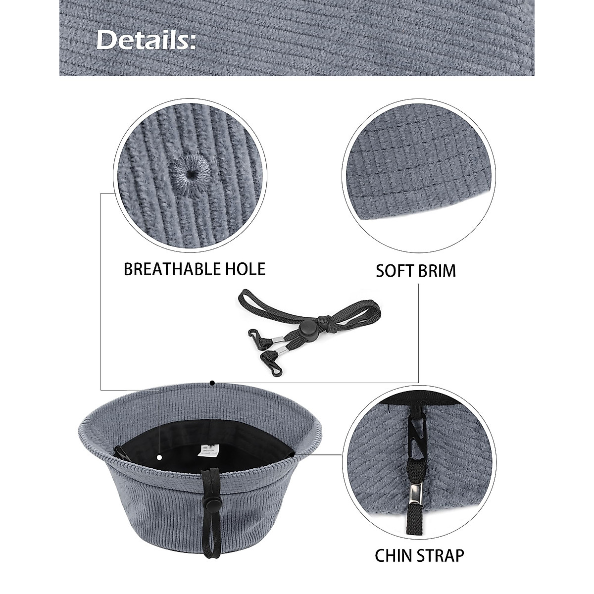 Zylioo XXL Oversize Corduroy Bucket Hat,Adjustable Large Fishing Sun Hats,Big Heads Golf Hat for Cool Weather Dark Gray