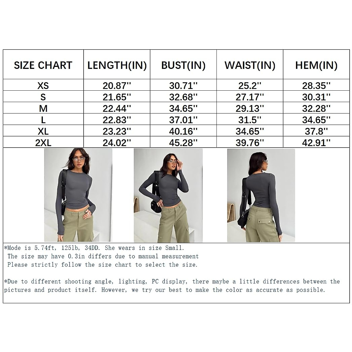 Abardsion Women's Casual Basic Going Out Crop Tops Slim Fit Long Sleeve Crew Neck Tight T Shirts (White, S)