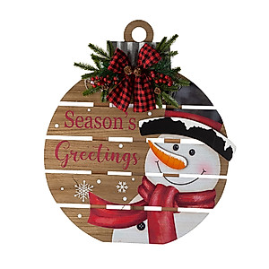 Glitzhome Lighted Outdoor Christmas Wooden Porch Sign with Timer 6 Hours On /18 Hours Off,12LED Lights Christmas Snowman Porch Sign for Outside Decor "Season's Greetings" with Display Leg & Hang Hole