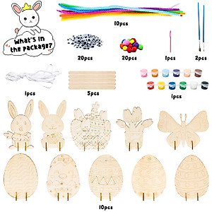 MALLMALL6 60Pcs Easter Wooden DIY Art Crafts for Kids Early Learning Painting Kits Unfinished Art Project Preschool Classroom Activities Painting Your Own Ornaments Party Gifts Decor for Tree Home