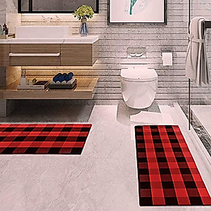 Buffalo Plaid Area Rug, 23.6 x 51.2 inch Kitchen Rug Cotton Outdoor Mat for Porch Bathroom Carpet Living Room Indoor Doormat, Black and Red