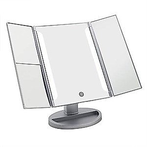 KXA Lighted Makeup Mirror, 24 LED Lighted Tri-Fold Makeup Mirror with Touch Screen and 180°Adjustable Stand Dual Power Mode Travel Beauty Mirror
