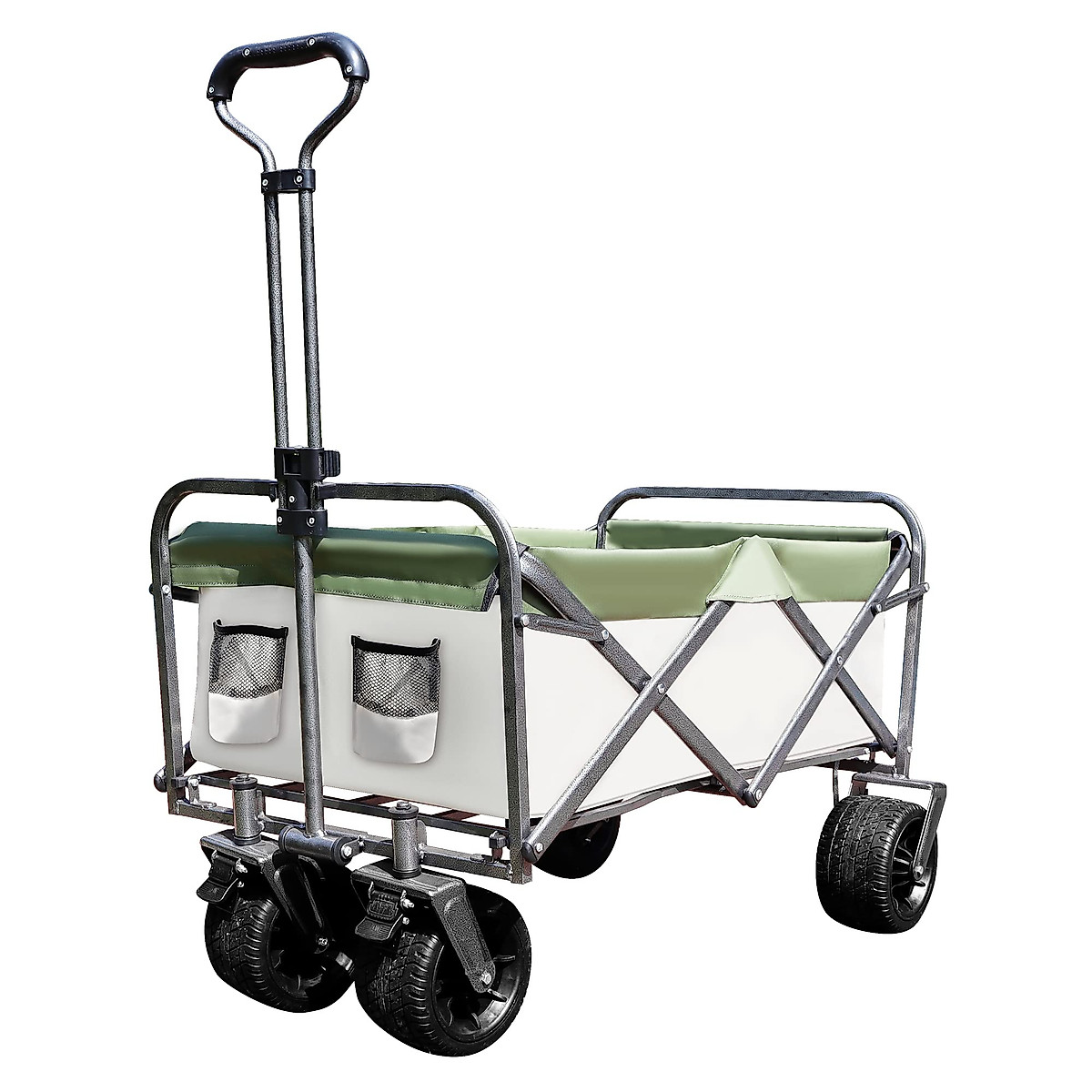 FRANSOUL Collapsible Foldable Wagon, Utility Wagon Garden Trolley Cart Adjustable Handle All-Terrain Beach Wheels & Drink Holders, for Shopping Outdoor Camping Beach Garden, Green+White