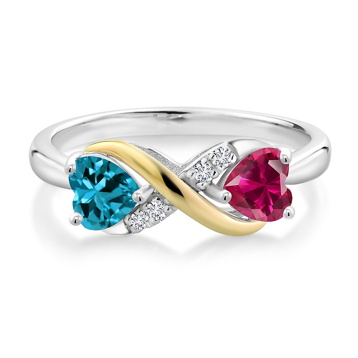 Gem Stone King 925 Sterling Silver and 10K Yellow Gold London Blue Topaz Red Created Ruby and White Lab Grown Diamond Women Ring (1.19 Cttw, Available In Size 5, 6, 7, 8, 9)