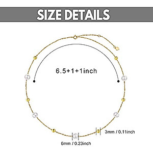 14K Gold Pearl Bracelet for Women Freshwater Cultured Pearl Beads Bracelet Station Tin Cup Pearl Bracelet with Link Chain Dainty Jewelry Gifts for Mom, Wife, 6.5''+1''+1''