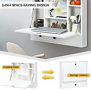 COSTWAY Wall-Mounted Computer Desk, Floating Desk with Storage Drawer & Shelves, Fold-up Desktop & Pneumatic Springs, Ideal for Home, Office, Dormitory, Small Spaces (White)