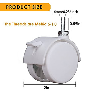 2" Stem Casters Replacement Casters Threaded Swivel Furniture Caster Wheels with Brakes 100Lbs (M6-1.0x15mm-White)