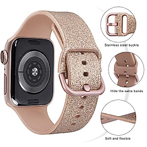 IEOVIEE Compatible with Apple Watch Band 38mm 40mm 41mm, Women Glitter Bling Soft Silicone Sport iWatch Bands Strap Replacement for iWatch Series SE 7 6 5 4 3 2 1, Rose Gold Glitter, 38/40/41mm