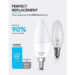 KINDEEP LED Candelabra Light Bulbs Dimmable 60 Watt Equivalent, Daylight 5000K, 600LM, E12 Candle Bulb Base 6W Ceiling Fan Lightbulbs Type B Bulb for Chandelier, Wall Sconces, 6 Pack