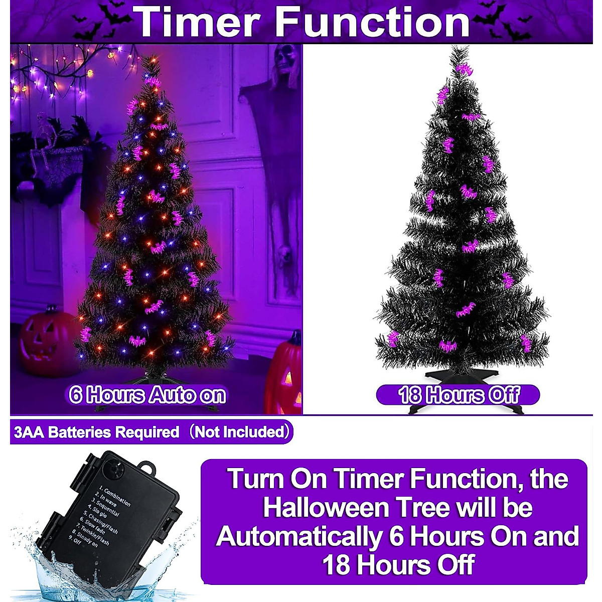 TURNMEON 4 Ft 80 LED Orange Purple Lighted Halloween Tree Decor with Timer DIY 25 Bats Ornament Battery Powered Full Artificial Black Xmas Christmas Tree Halloween Decorations Home Indoor Outdoor