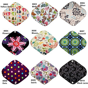 6 Pieces 8 Inch Charcoal Bamboo Mama Cloth/Menstrual Pads/Reusable Sanitary Pads/Panty Liners - You Choose 6 from 19 Designs and Email to Me