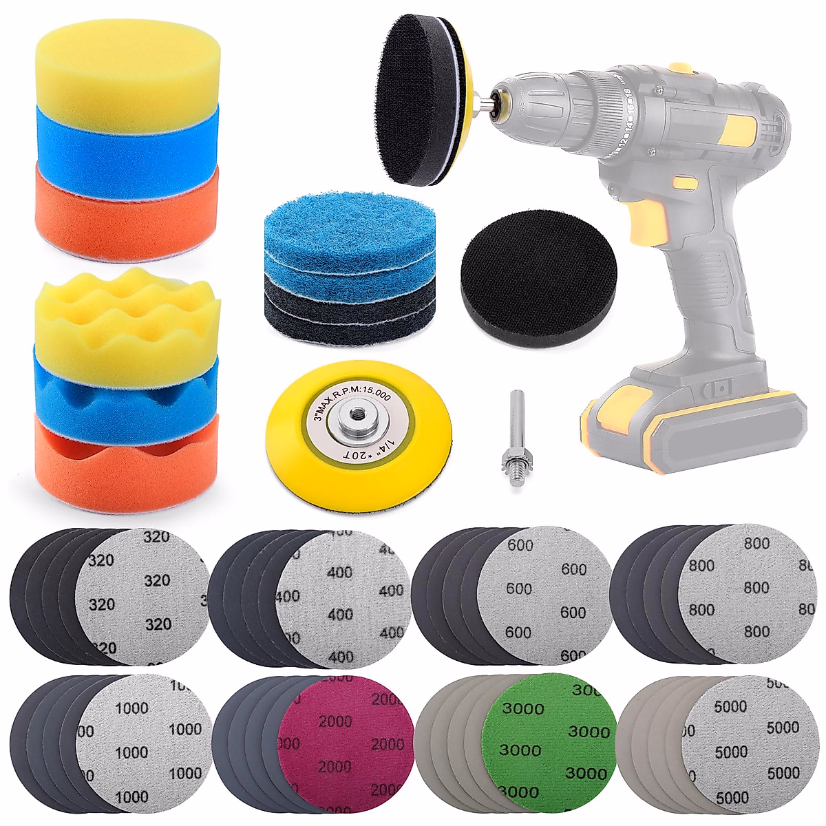 POLIWELL Car Headlight Restoration Kit, 3 Inch Car Polishing Sanding Discs Kit, 3 in Sandpaper Grit 320-5000 Headlights Sanding Sheets with 1/4” Shank Backing, Buffing Sponge Pads for Drill, 52 PCS
