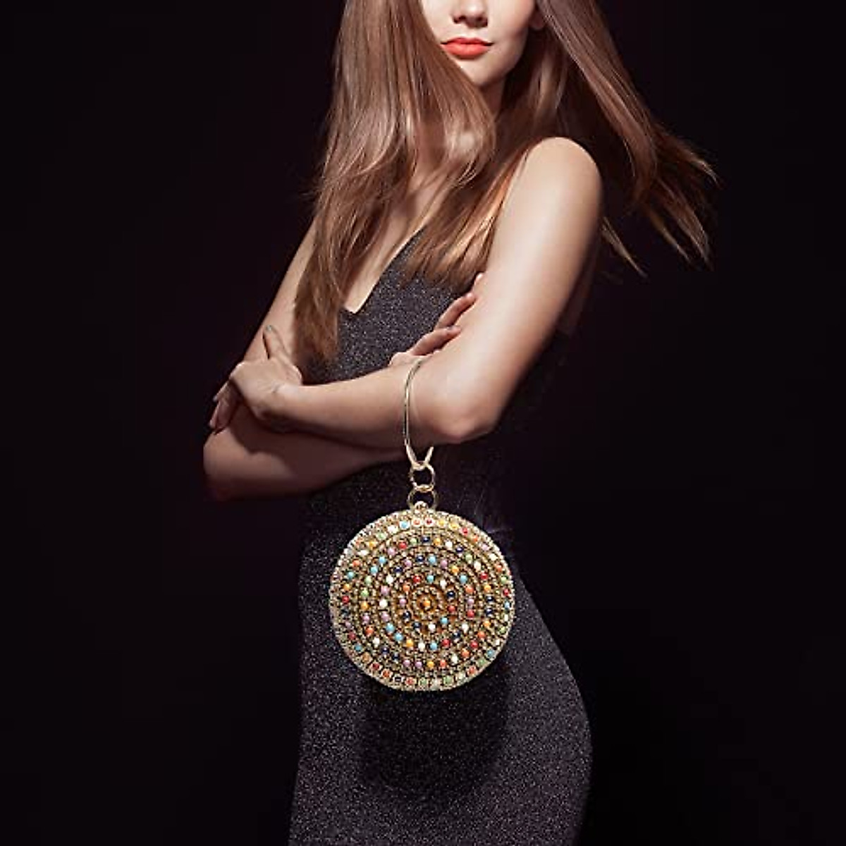 WPKLTMZ Women Evening Bag Round Rhinestone Crystal Clutch Purse Ring Handle Handbag for Wedding Prom Party (Colorful)