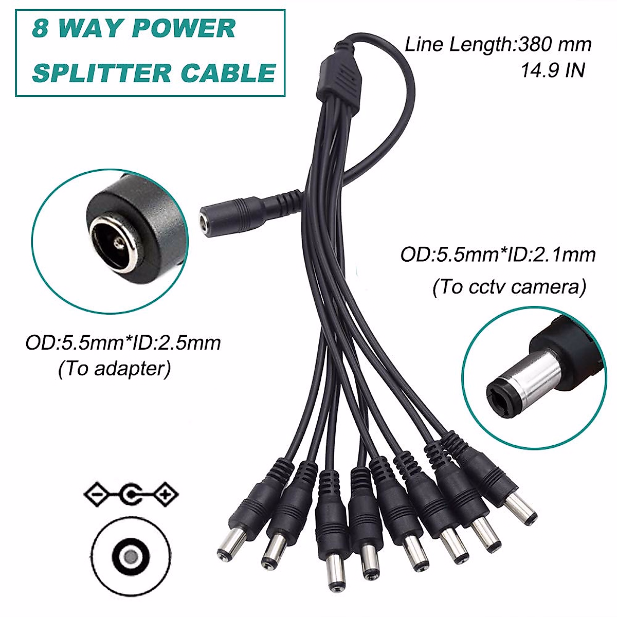 Gonine Security Camera Power Supply 12V 5A Power Cord with 8 Way Power Splitter Cable, 12 Volt 5A 60W Power Adapter for 12Vdc Lorex, Samsung, Q-See, Night Owl, Swann and Annke CCTV Cameras.