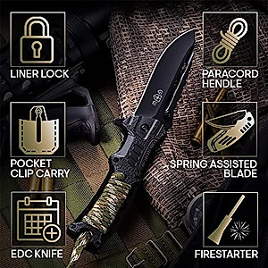Bundle of 2 Items - Pocket Knife - Tactical Folding Knife - Knife with Fire Starter Paracord Handle - Best Pocket Knife for Urban Work Hobby Unboxing - Stocking Stuffers for Men - Gift for Men Women