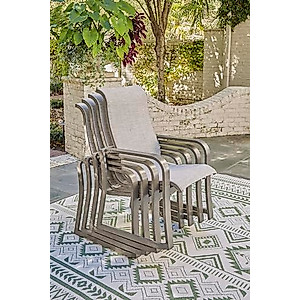 Signature Design by Ashley Beach Front Casual Outdoor Stackable Faux Leather Sling Arm Chair, Set of 4, Light Brown