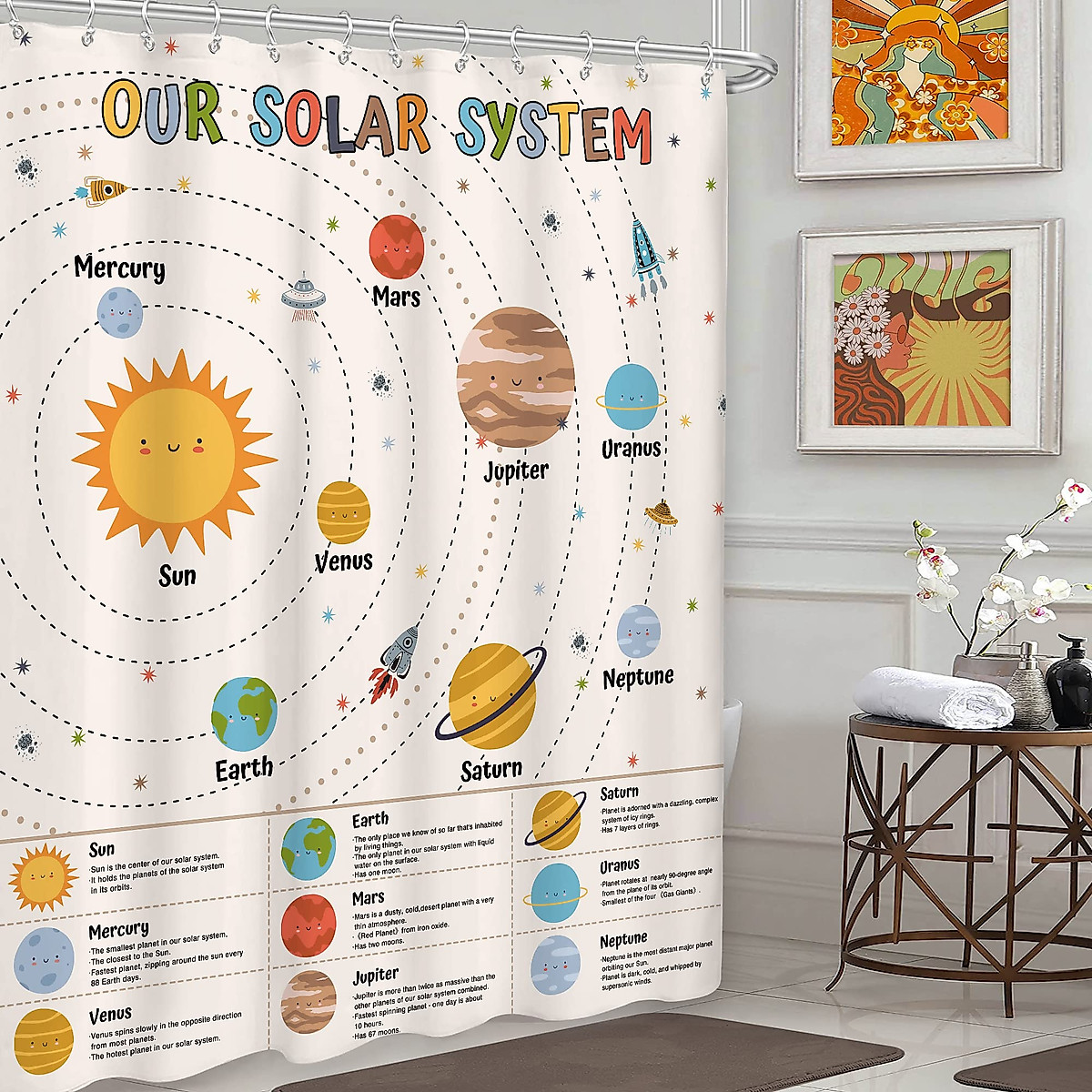 Imirell Space Galaxy Solar System Shower Curtain 60Wx72H Inches Cartoon Planets Educational Learning Tool Universe Knowledge Nursery Kids Bathroom Decor Fabric Waterproof Polyester 12 Pack Hooks